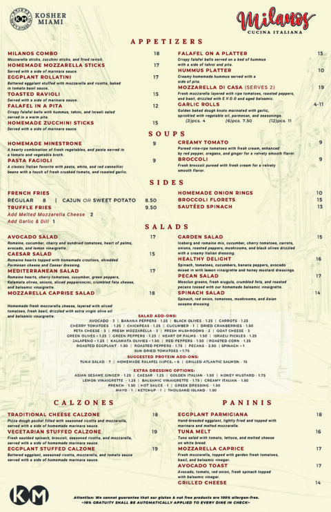 Dining Menu - Milanos